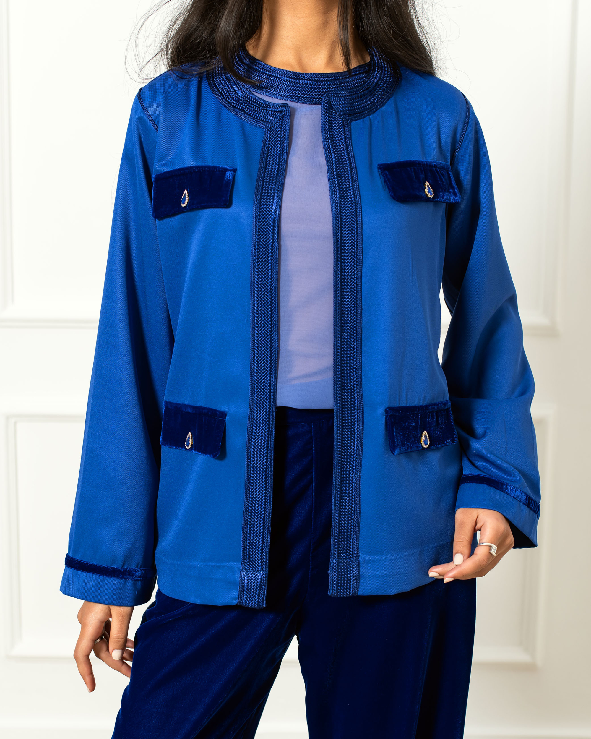 Blue Open Jacket with Velvet Pocket - Free Shipping - Kounouz Size S