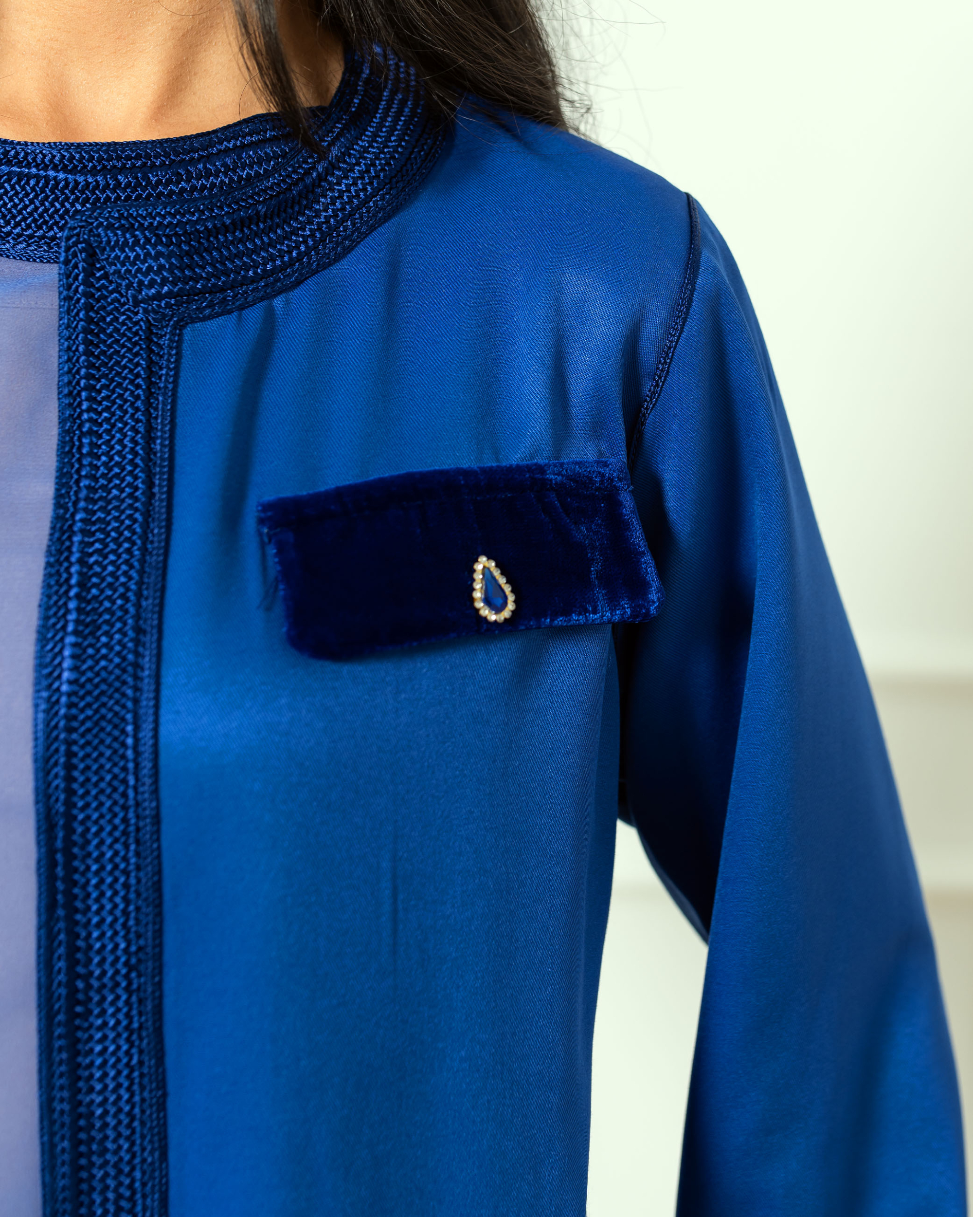 Blue Open Jacket with Velvet Pocket - Free Shipping - Kounouz Size S